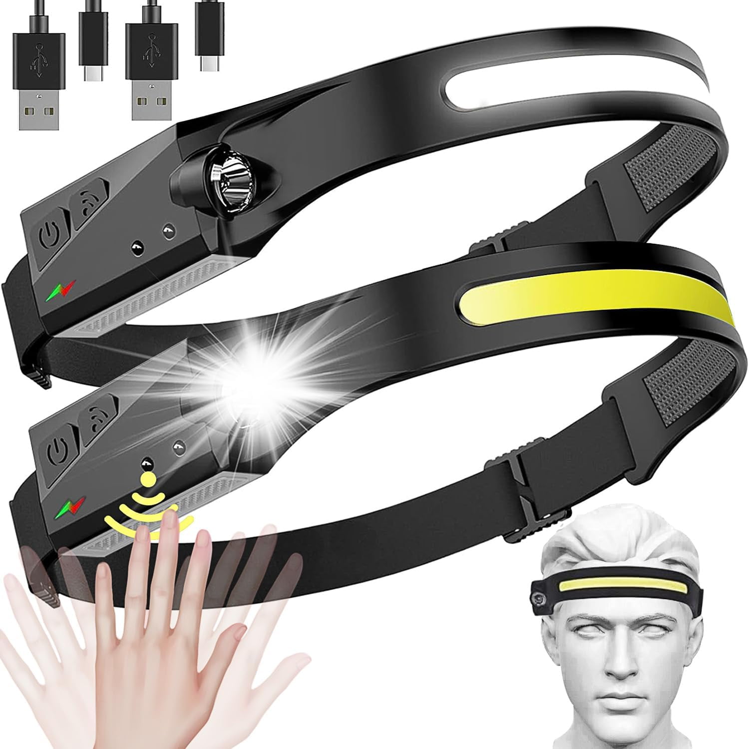 Led Headlamp Rechargeable, 2PCS 230° Wide Beam Head Lamp to Wear ...