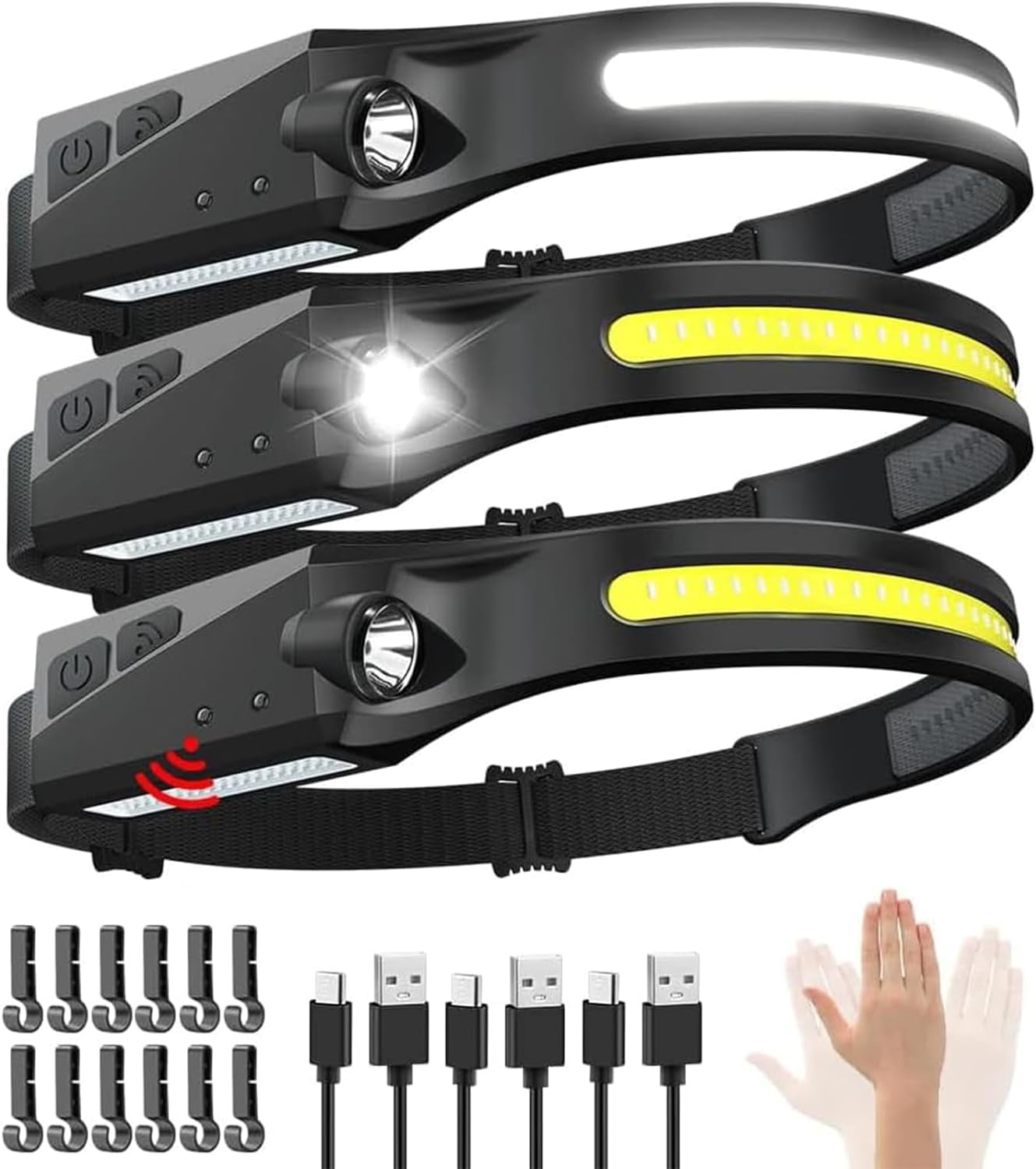 Led Headlamp Rechargeable 3 Pack,230° Wide Beam Headband Light, Motion ...