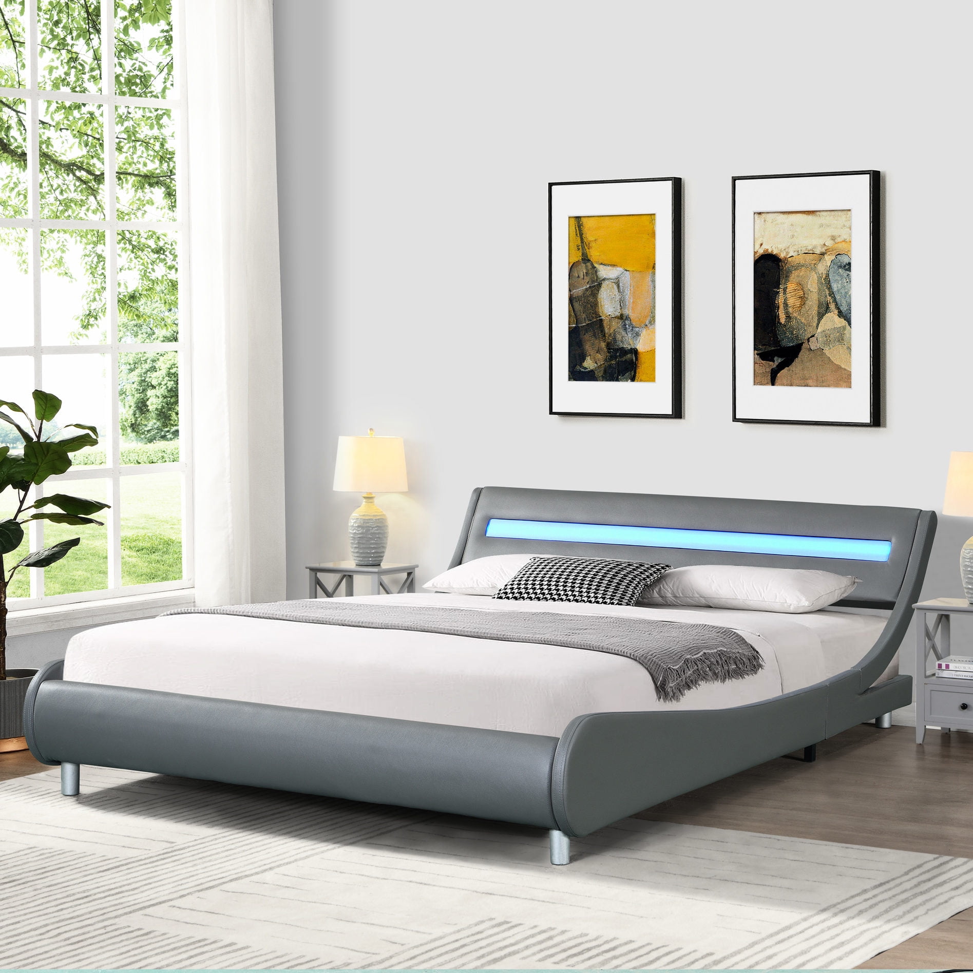 Led Illuminated Queen Size Faux Leather Bed Frame, Curve Design, Wood ...