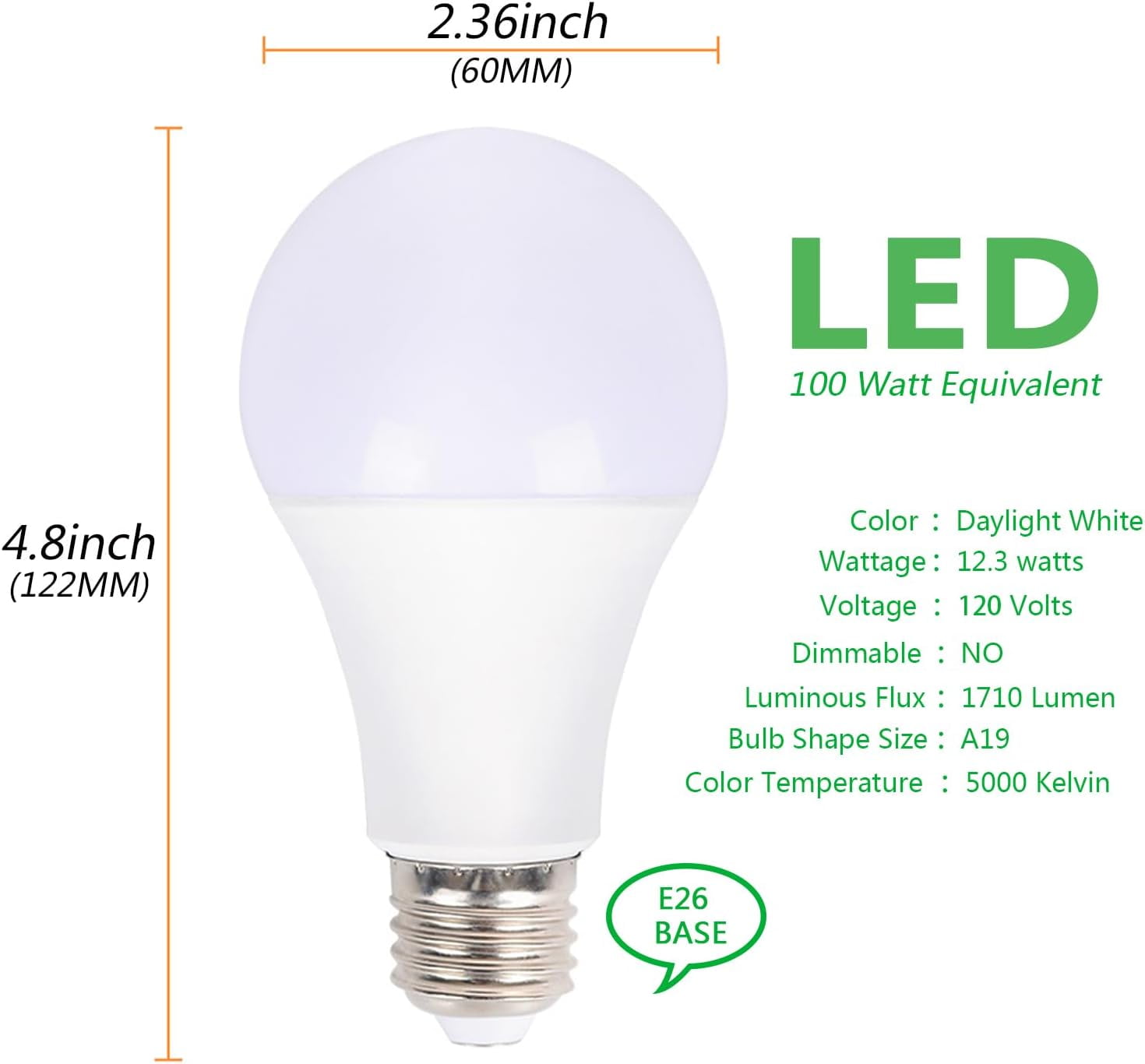 Led Light Bulbs 100 Watt Equivalent 1710 Lumens, A19 12.3W Super Bright ...