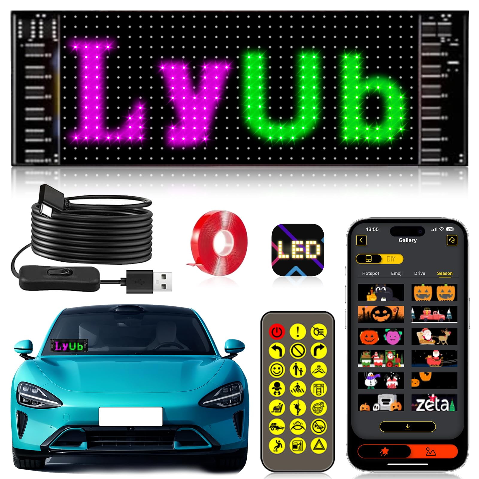 Led Light Sign for KEF16 Car, 6.7''x2.8'' Flexible Programmable Mini ...
