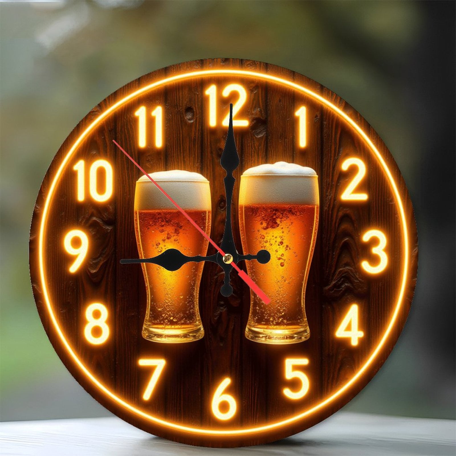 Led Neon Beer Clock Wall Decor for Home Bar 10-Inch Silent Wooden Wall ...
