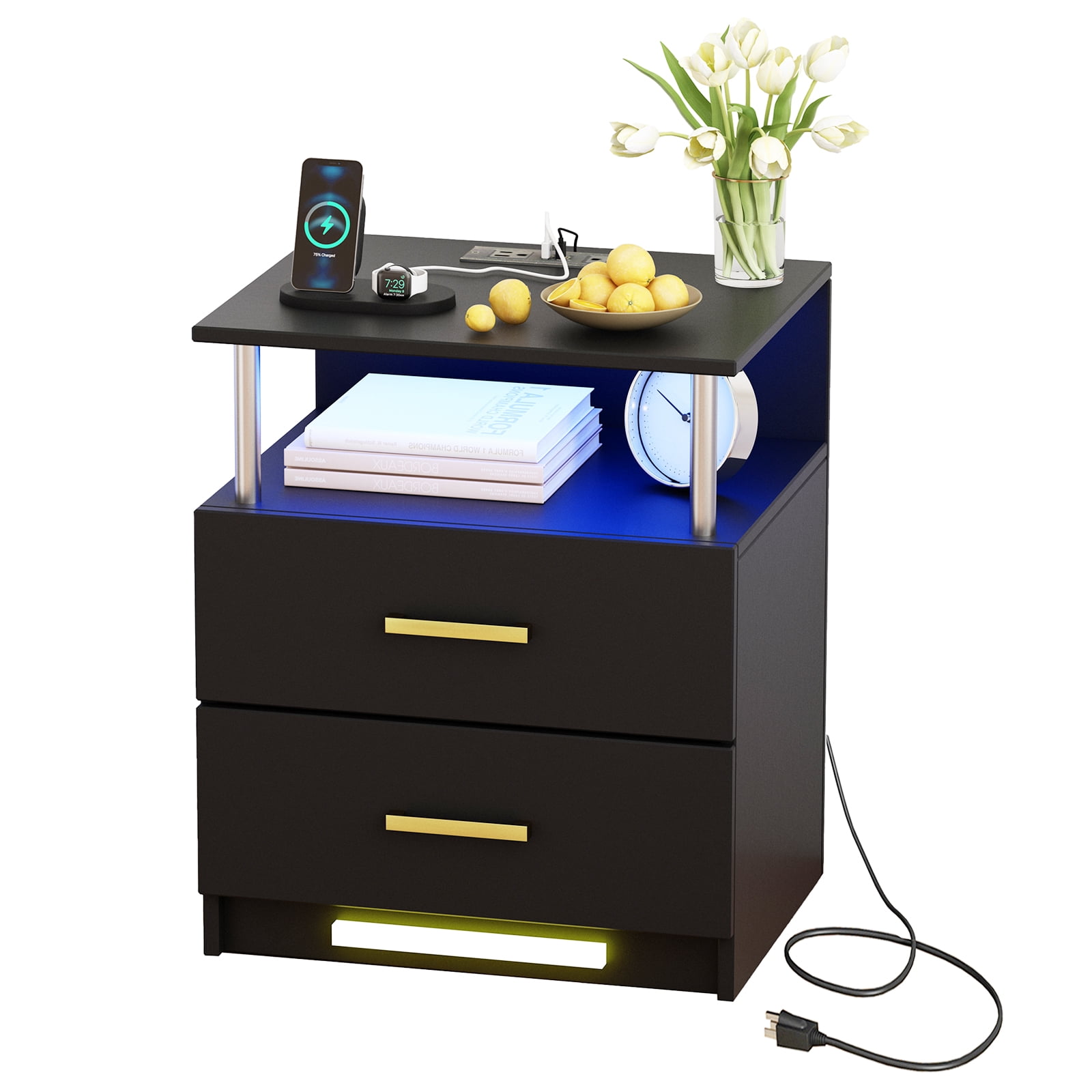 Led Nightstand with Charging Station, Smart Nightstand with Led Light ...