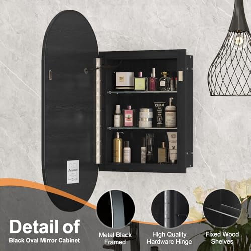 Led Oval Medicine Cabinet Mirror for Bathroom,Oval Recessed Black Medicine Cabinet with Mirror,3 ...