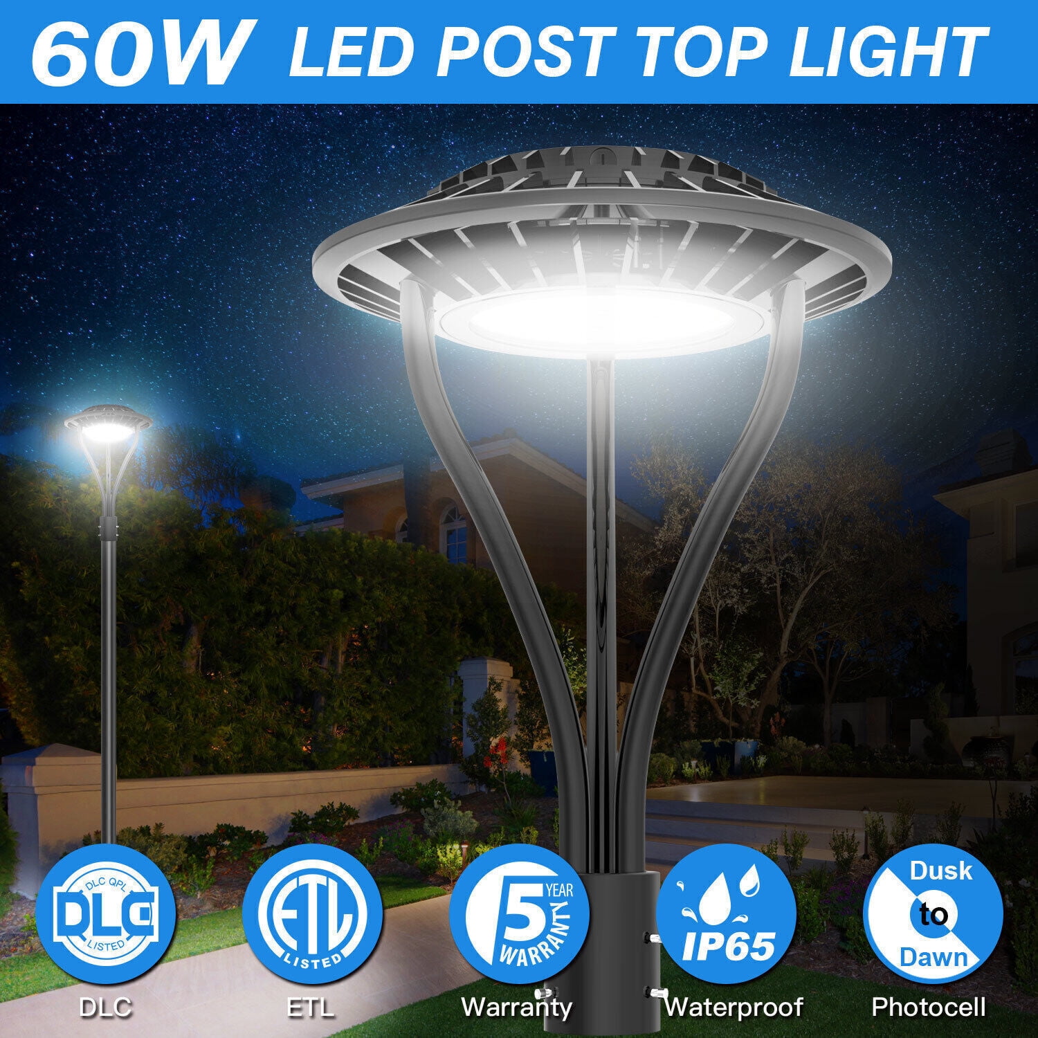 Led Post Top Light 60W Dusk to Dawn Outdoor Garden Circular Area Pole ...