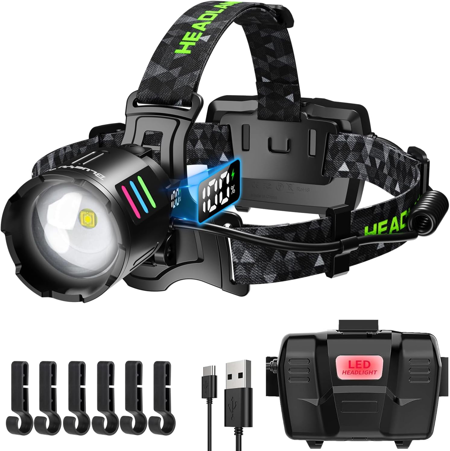 Led Rechargeable Headlamp, Bright Head Lamps, 90° Adjustable Zoom ...