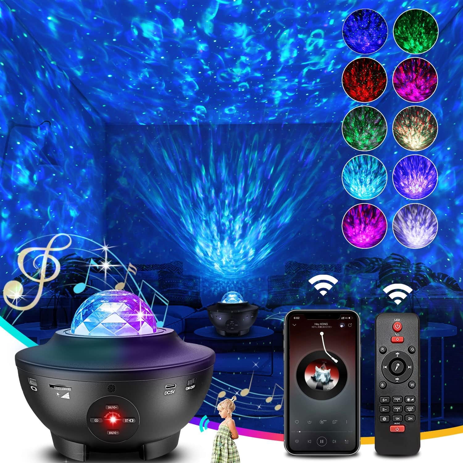 Led Starry Sky Projector Galaxy Light - Starry Projector Light With Water Waves, Bluetooth ...