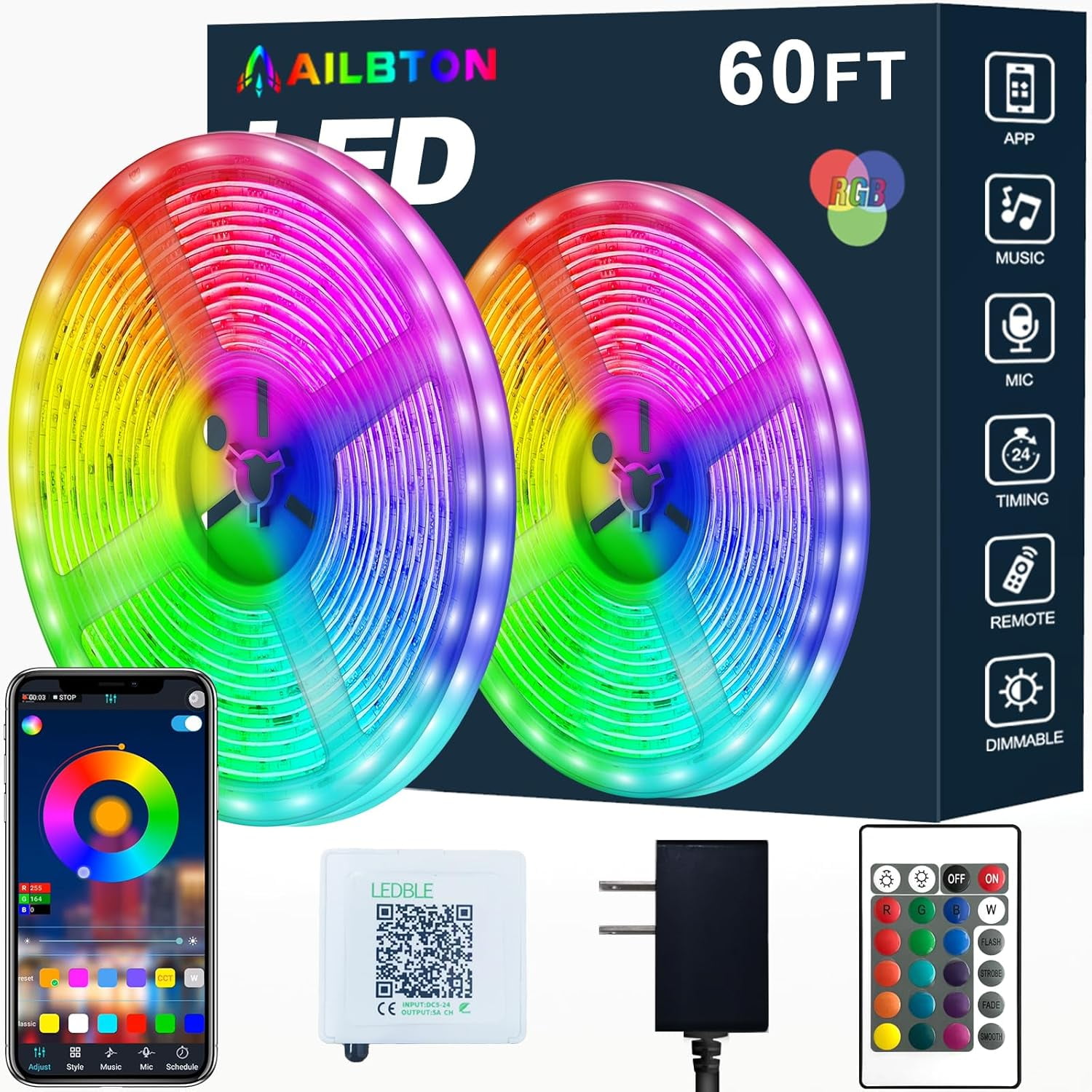 Led Strip Lights,60ft Music Sync Color Changing, Built-in Mic,Bluetooth ...
