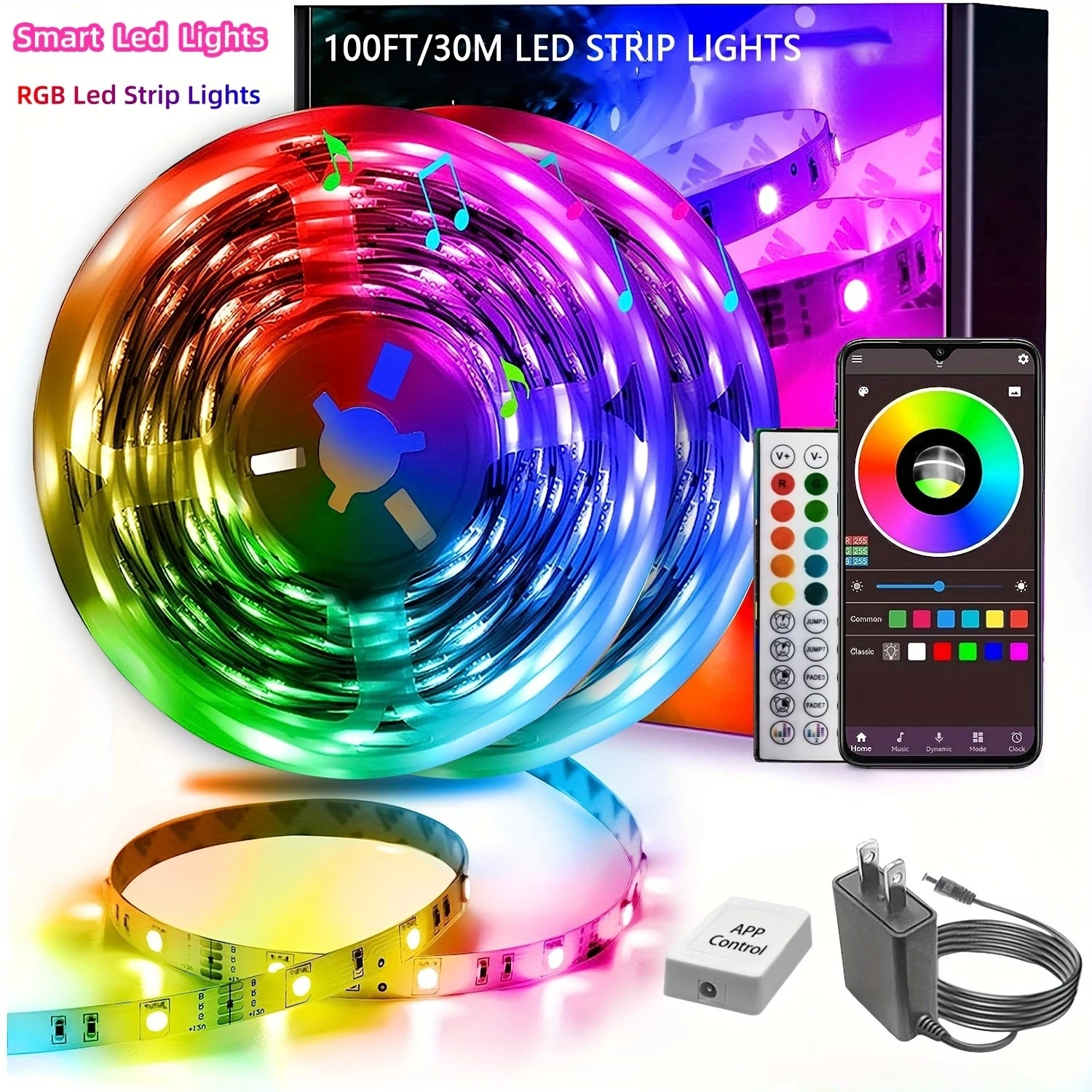 Led Strip Lights Rgb Music Sync App 100Ft Bluetooth For Rooms Tv Bar ...