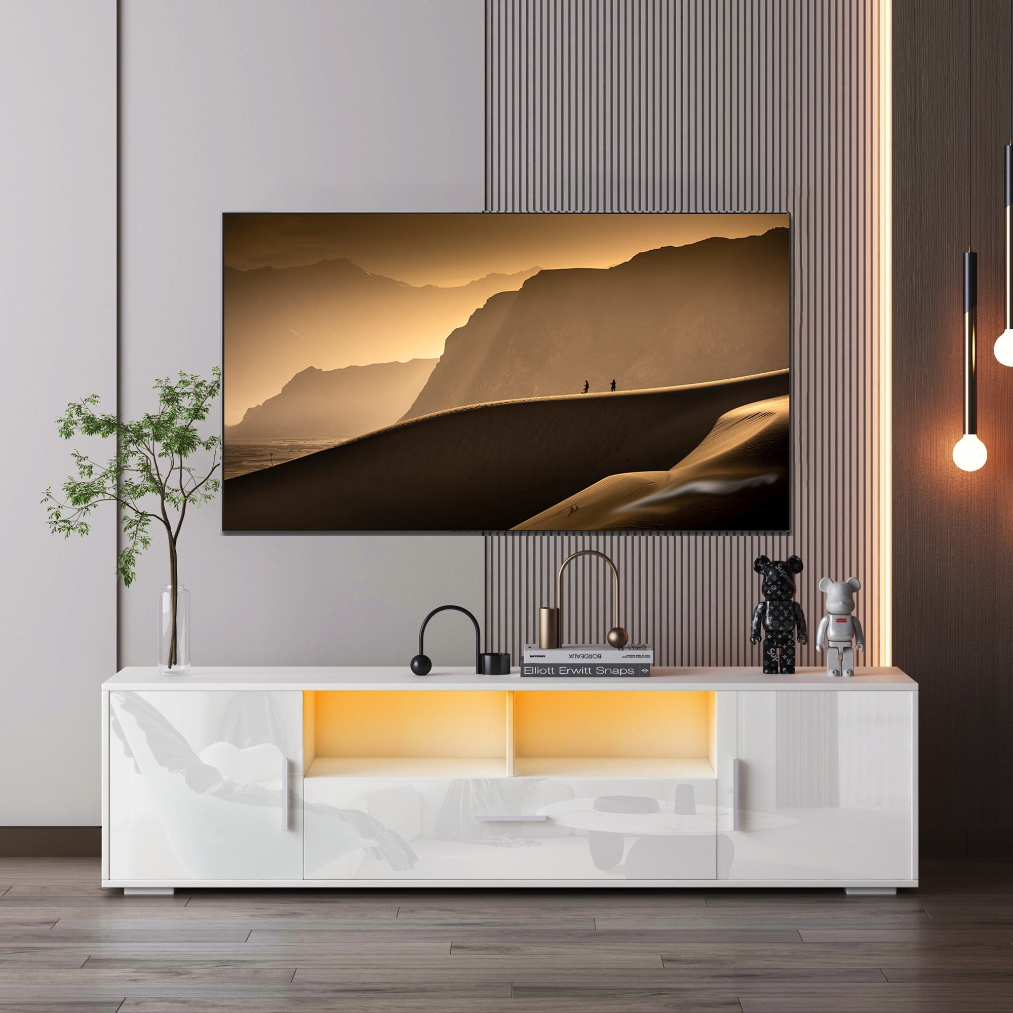 Seizeen 63 Inch LED TV Stand, Entertainment Center with LED Lights, TV ...