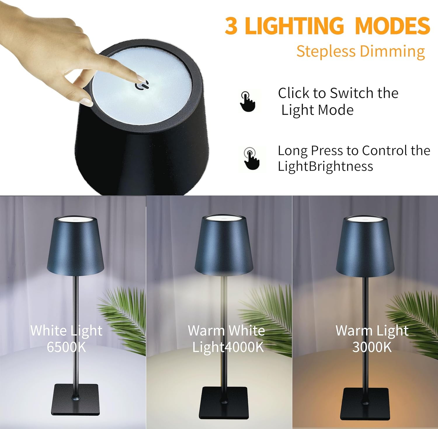 Led Table Lamp Cordless, 3 Colors Stepless Dimming, 5000mAh ...