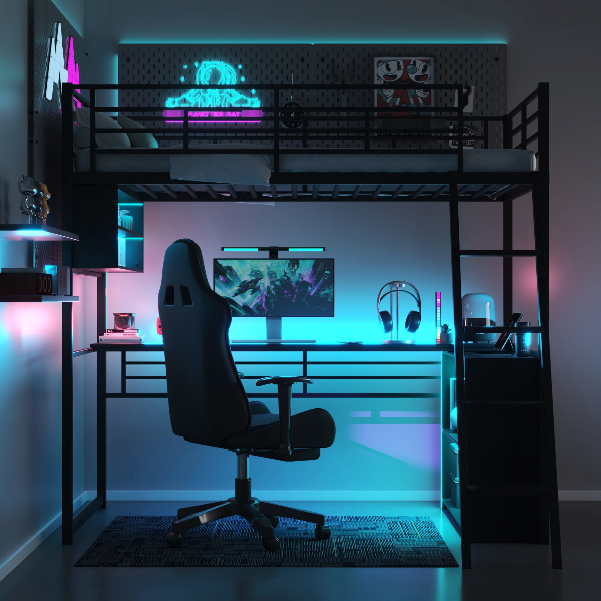 Led Twin Loft Bed With Desk, 4 Shelves - Black Space Saving Metal Led ...
