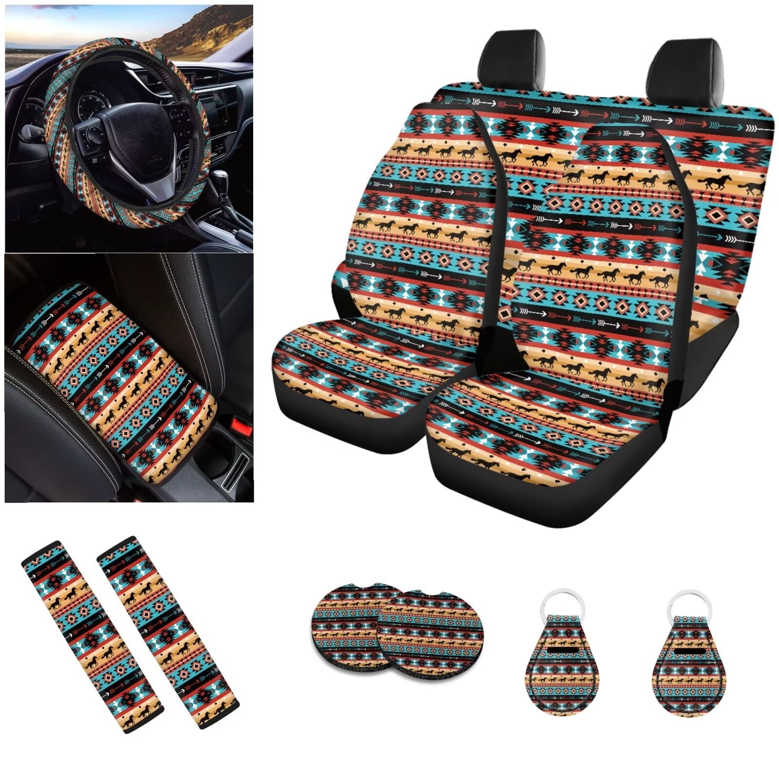 LedBack Aztec Southwest Car Seat Covers Horse Printed Car Front/Rear ...
