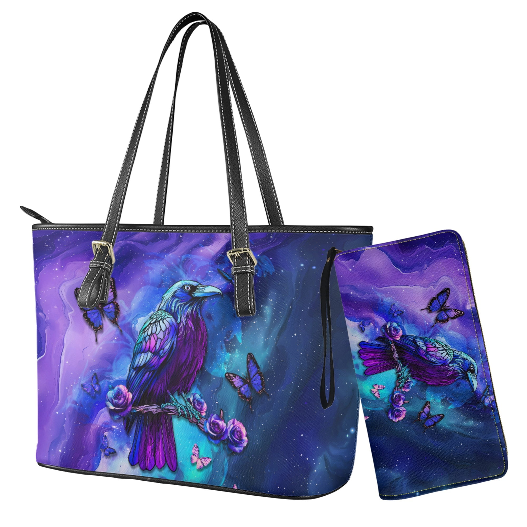 LedBack Crow Rose Printed Top Handle Handbag with Wallet Set Womens ...