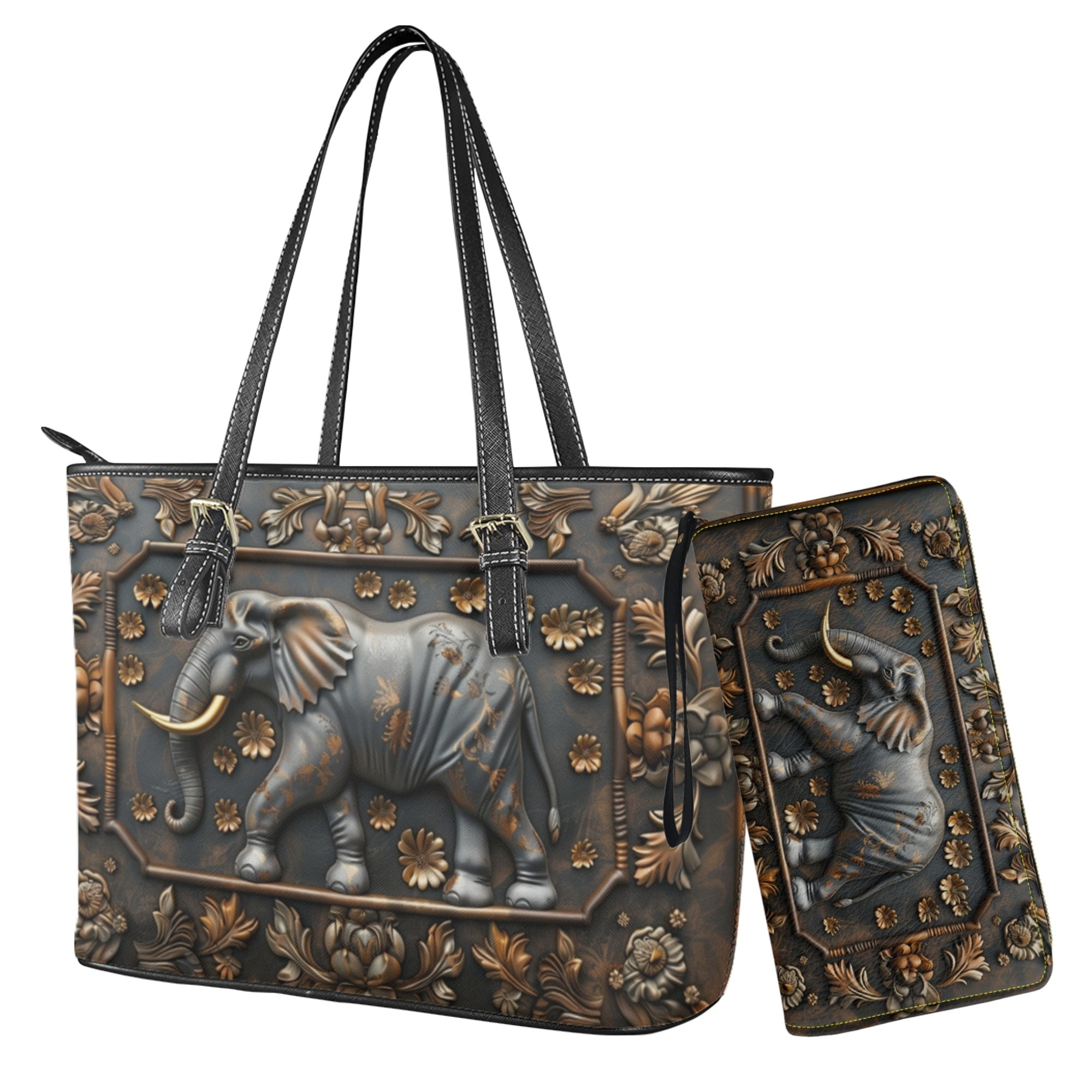 LedBack Floral Elephant Printed Handbag and Wallet Set Womens Purse and ...