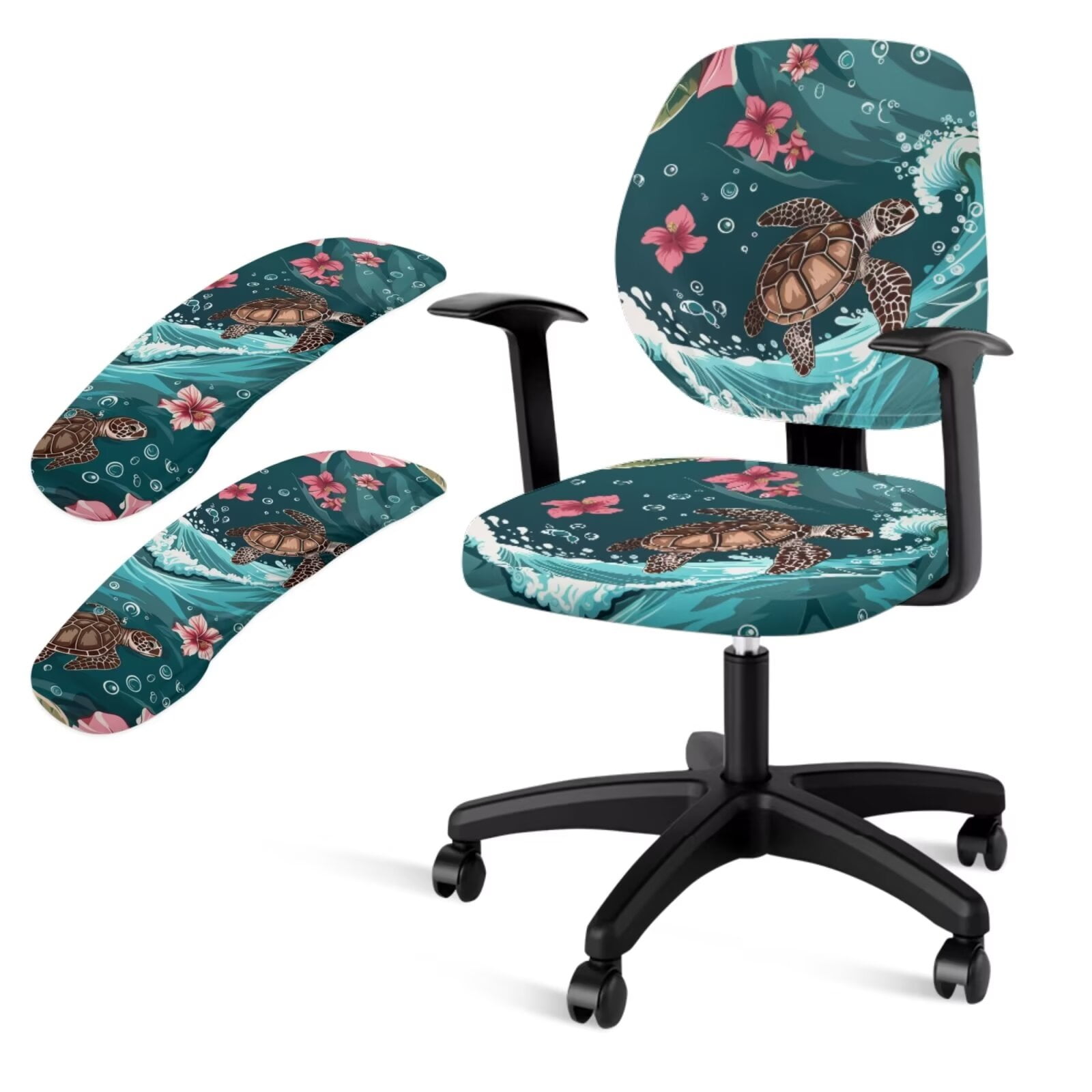 LedBack Sea Turtle Print Office Chair Cover Set Hibiscus Print Desk ...