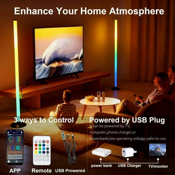 Ledagic USB-Powered LED Corner Floor Lamp with RGBW Color Changing, App & Remote Control, Timer ...
