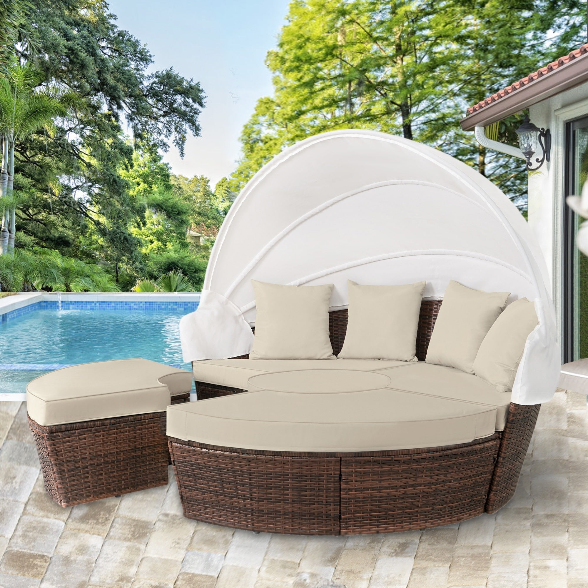 Ledel Wicker Outdoor Daybed 5-piece Sectional Sofa Set With Retractable ...
