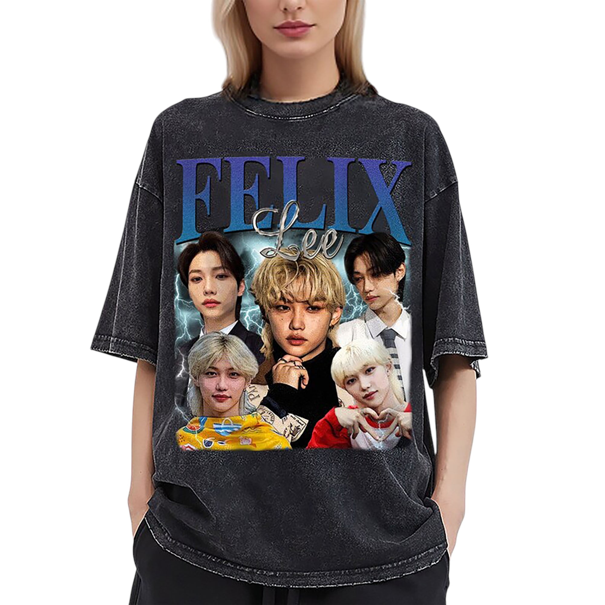 Lee Felix Vintage Washed Retro Unisex Classic 2D T-Shirt - Korean Boy ...