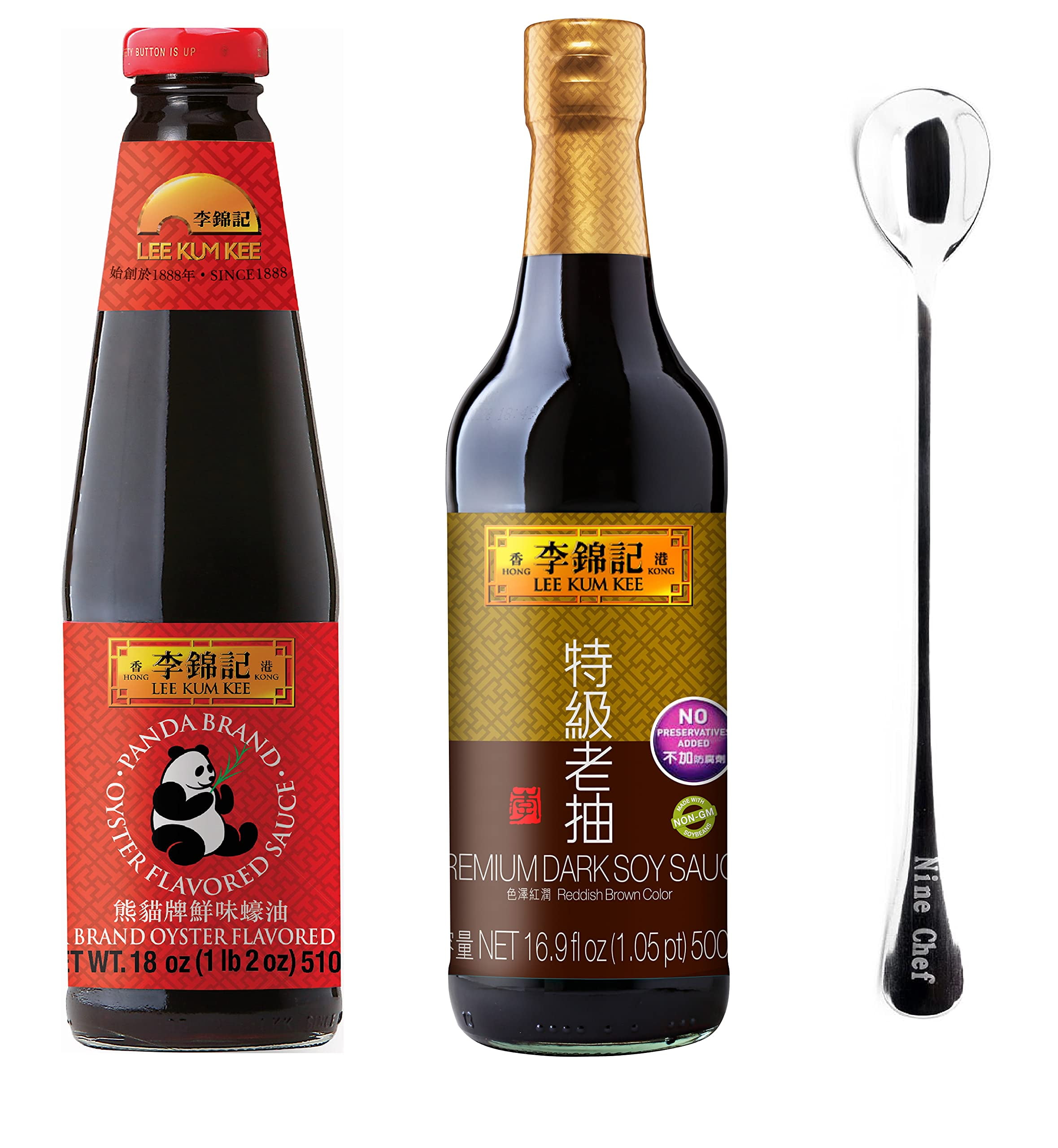 Lee Kum Kee Premium DNF2 Dark Soy Sauce + Panda Oyster Sauce (18 oz.) + One NineChef Spoon ...