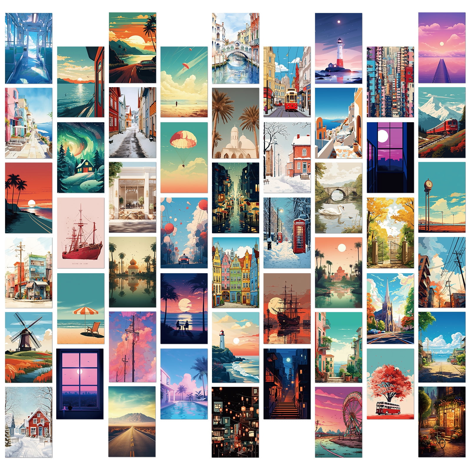 LeeCHee 50 cartoon street cards, landscape series postcards, Instagram ...