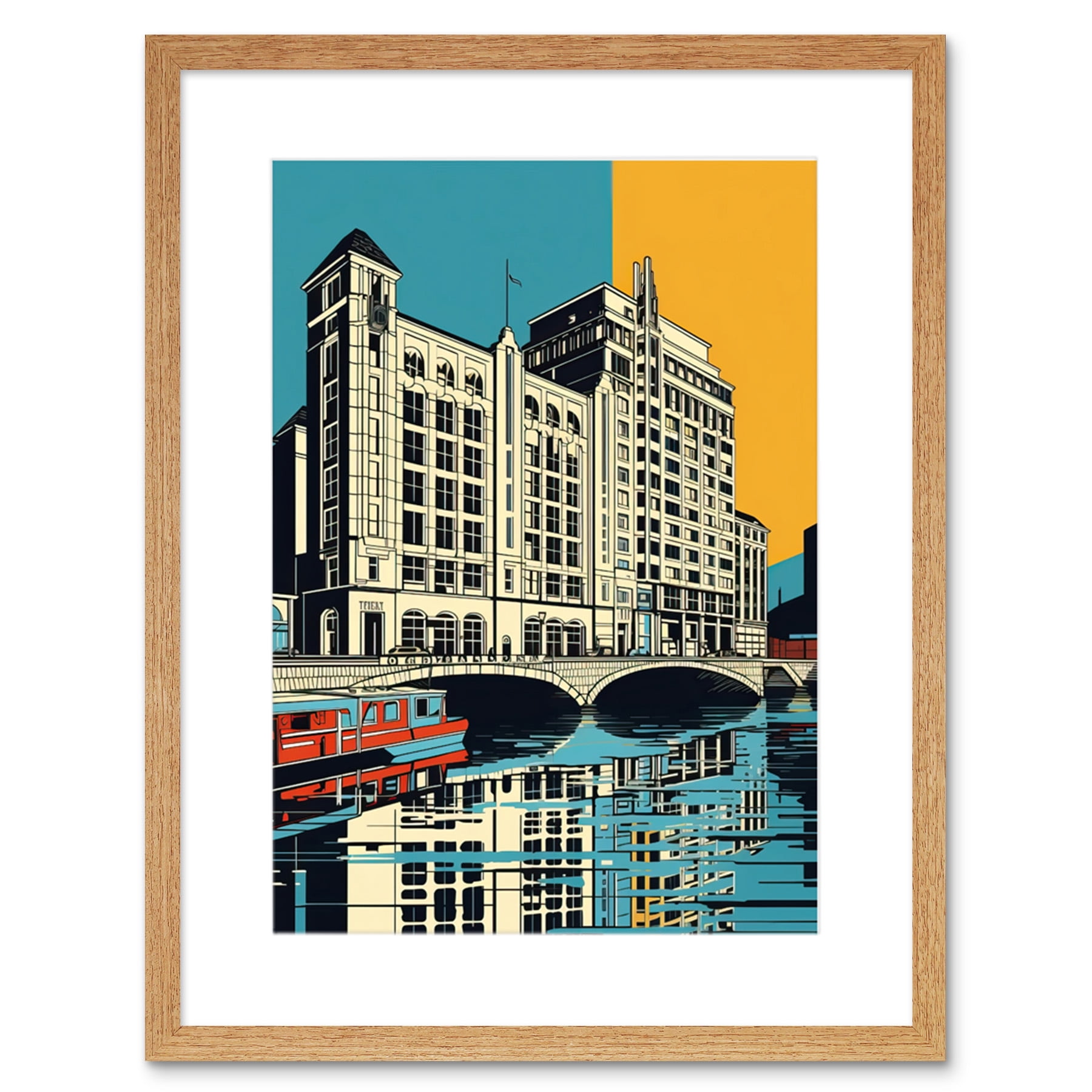 Leeds City Waterfront Modern Linocut Illustration Artwork Framed Wall ...