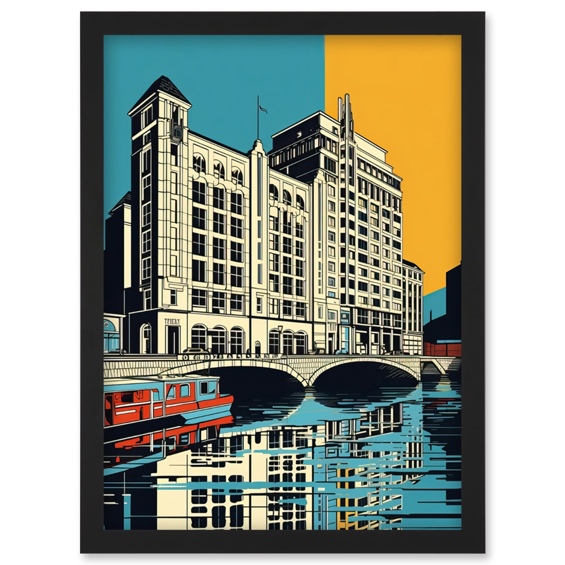 Leeds City Waterfront Modern Linocut Illustration Artwork Framed Wall ...