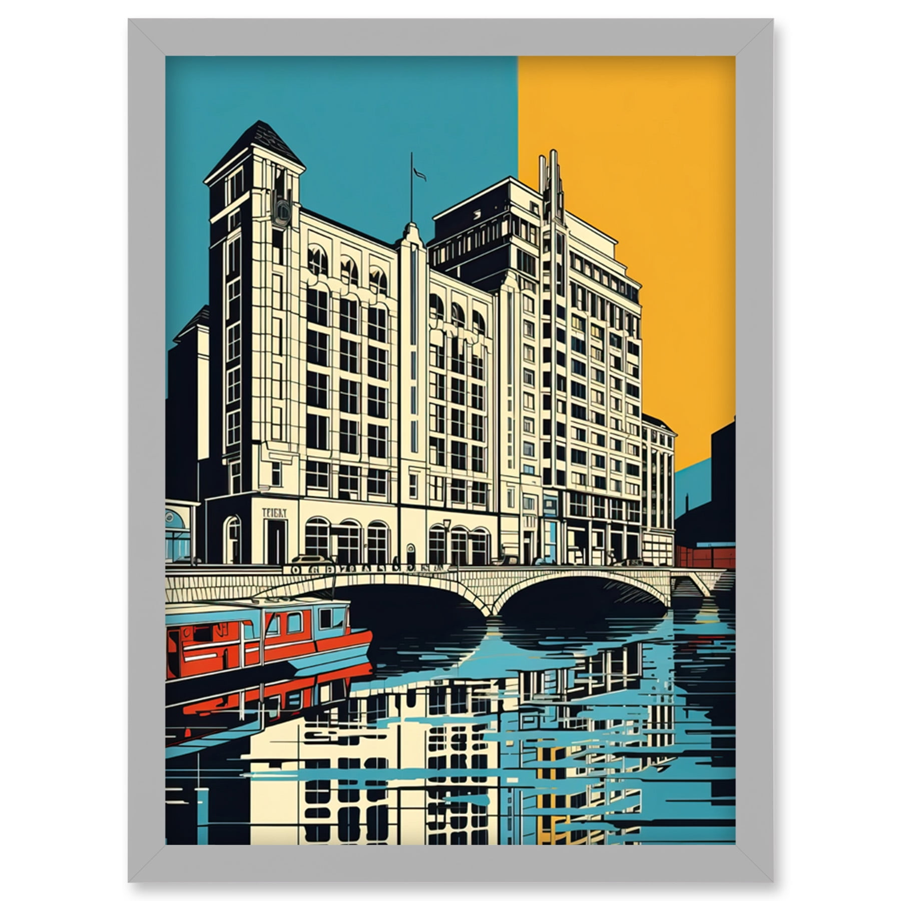 Leeds City Waterfront Modern Linocut Illustration Artwork Framed Wall ...