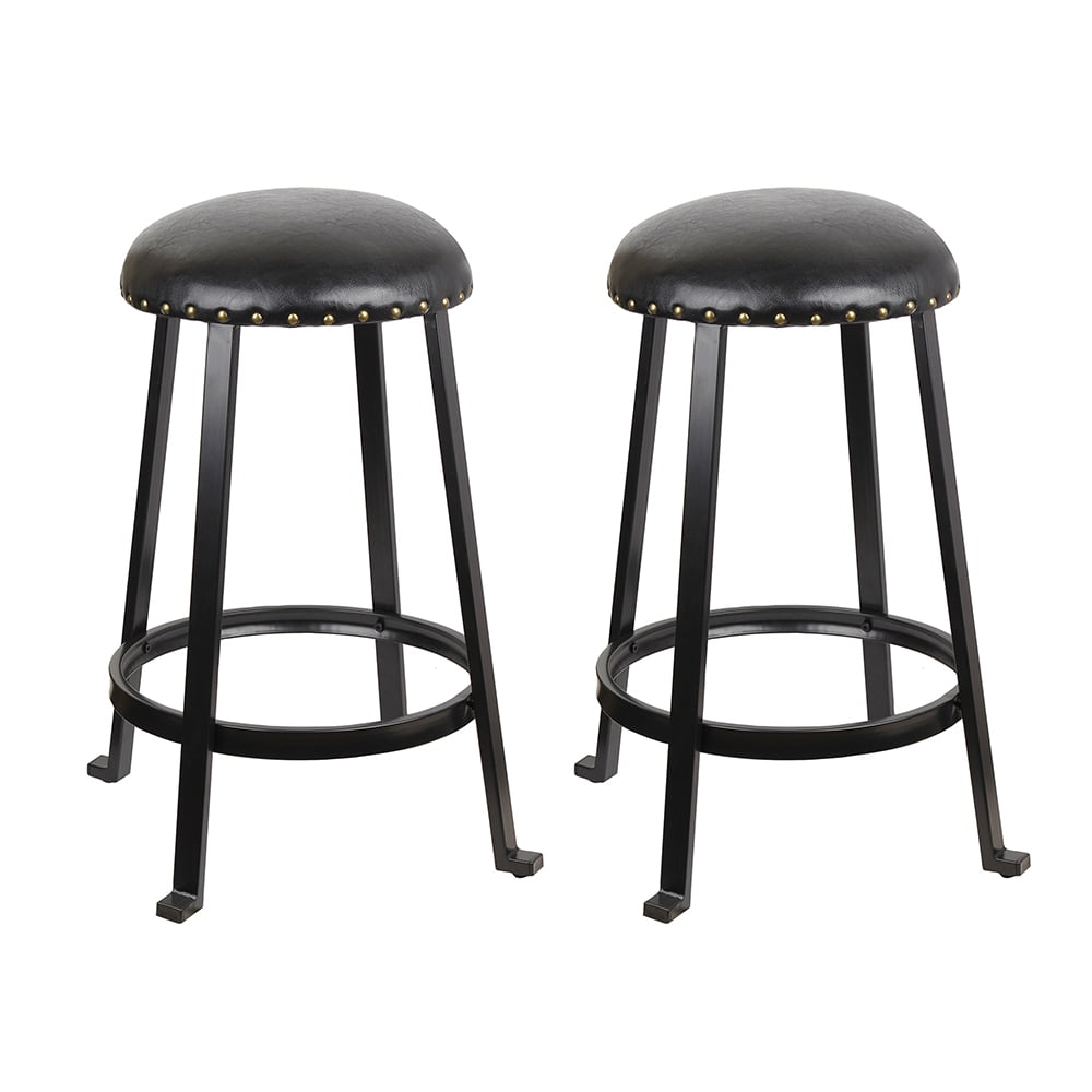 Leejay 24 inch Bar Stools,Black Faux Leather Round Stool for Kicthen ...