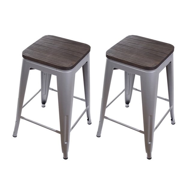 Leejay 24 inch Gun Gray Backless Metal Stool with Wood Seat, Set of 2 - Walmart.com