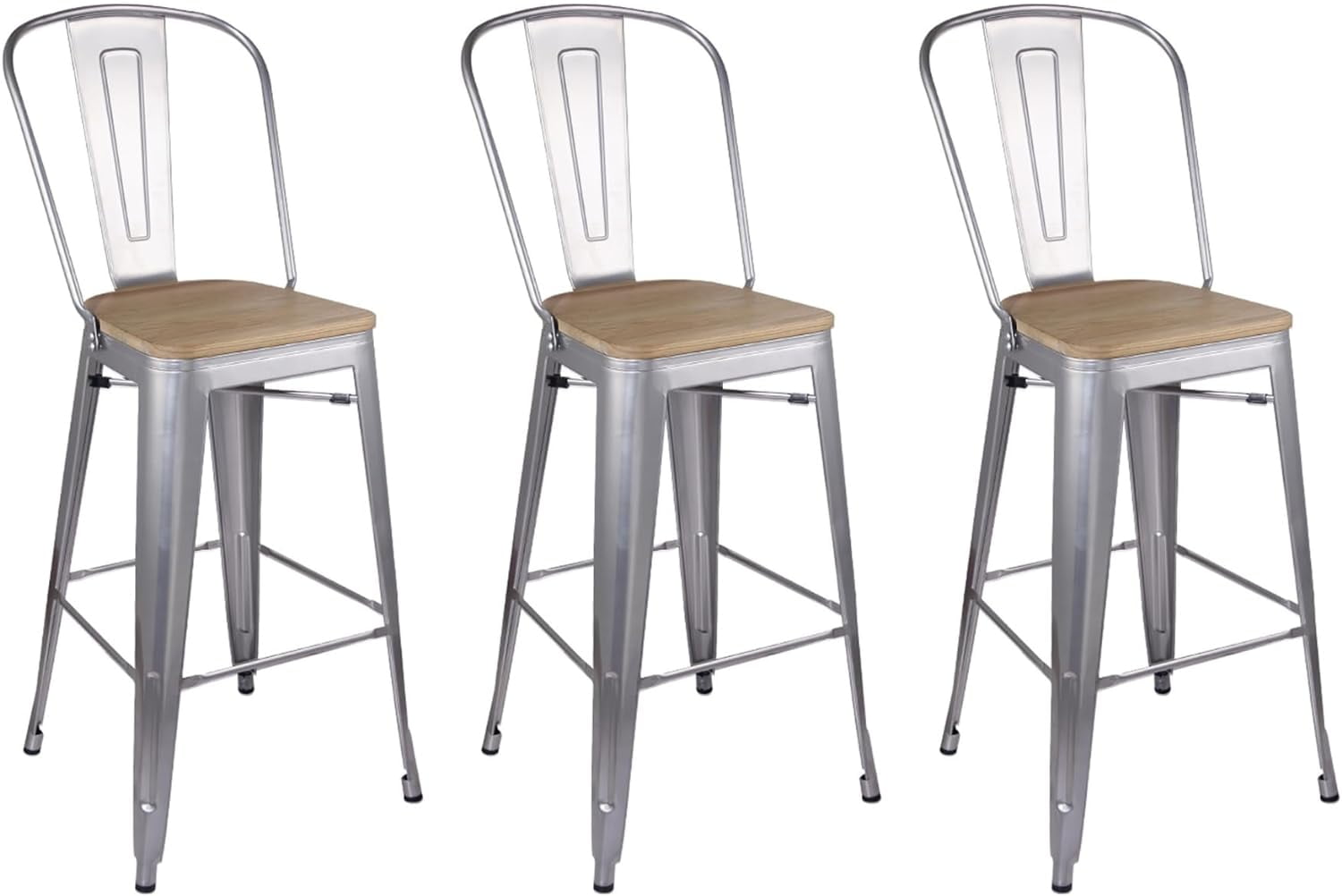 Leejay 30 inch Silver High Back Metal Bar Stools Set of 3- 14.5x14.5 ...