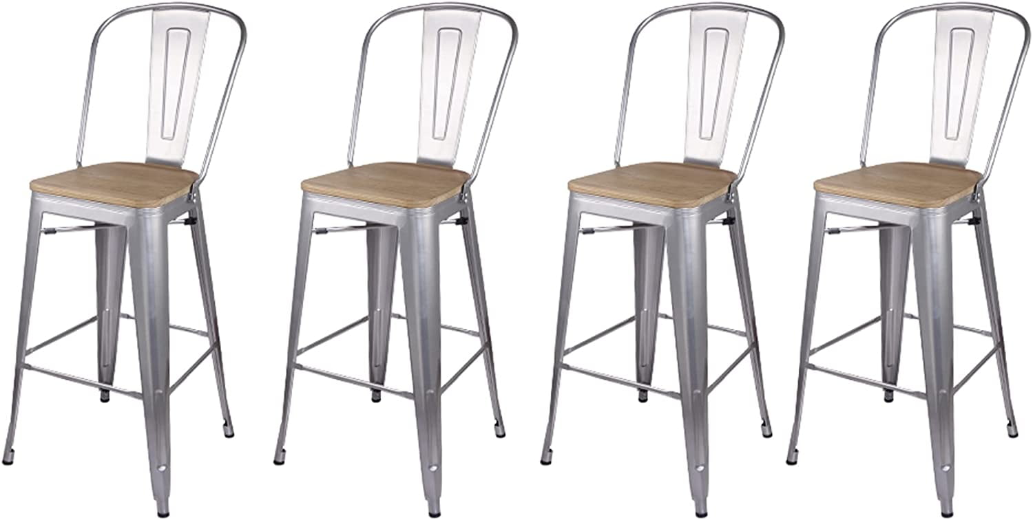 Leejay 30 inch Silver High Back Metal Bar Stools Set of 4- 14.5x14.5 ...