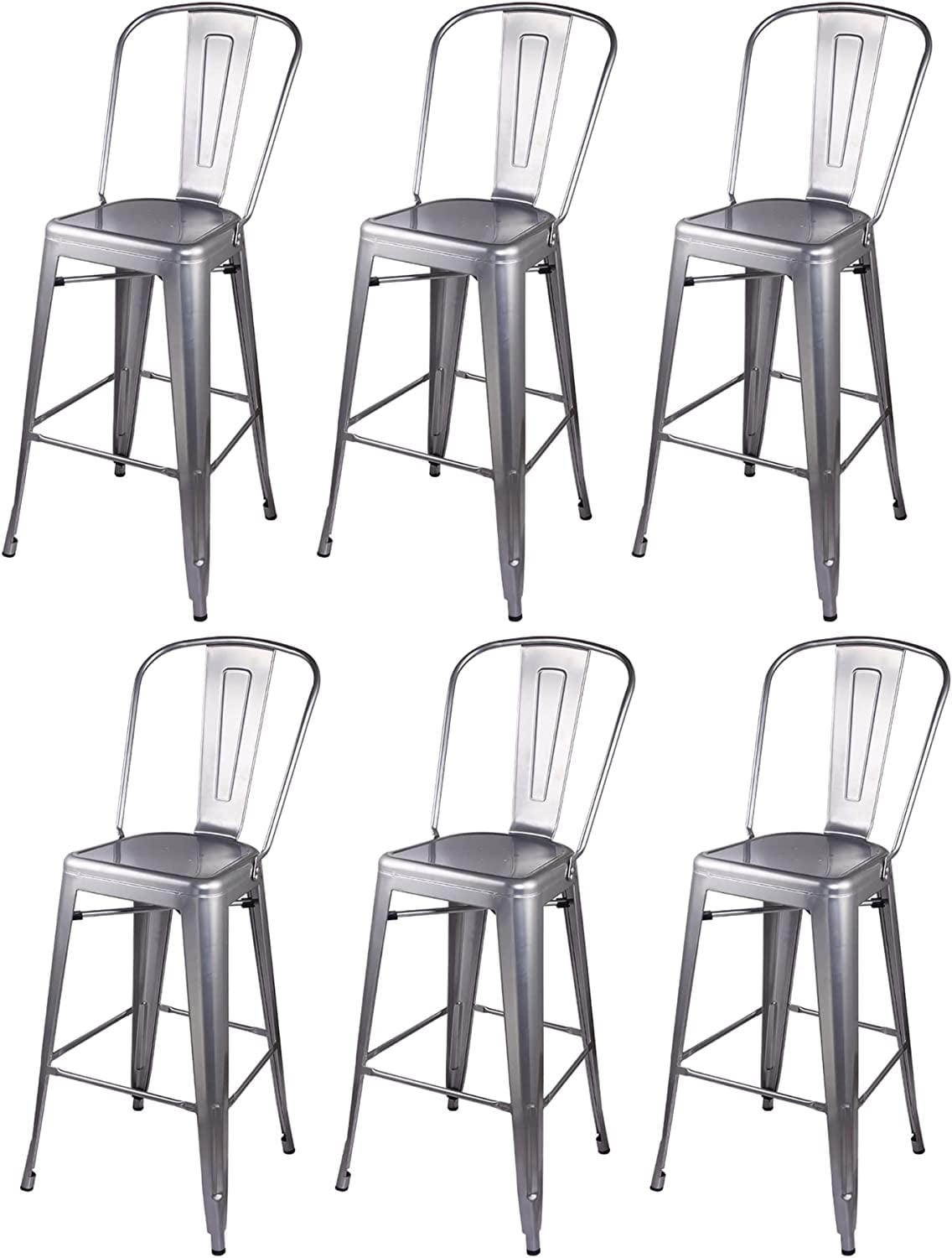 Leejay 30 inch Silver High Back Metal Bar Stools Set of 6- 14.5x14.5 ...