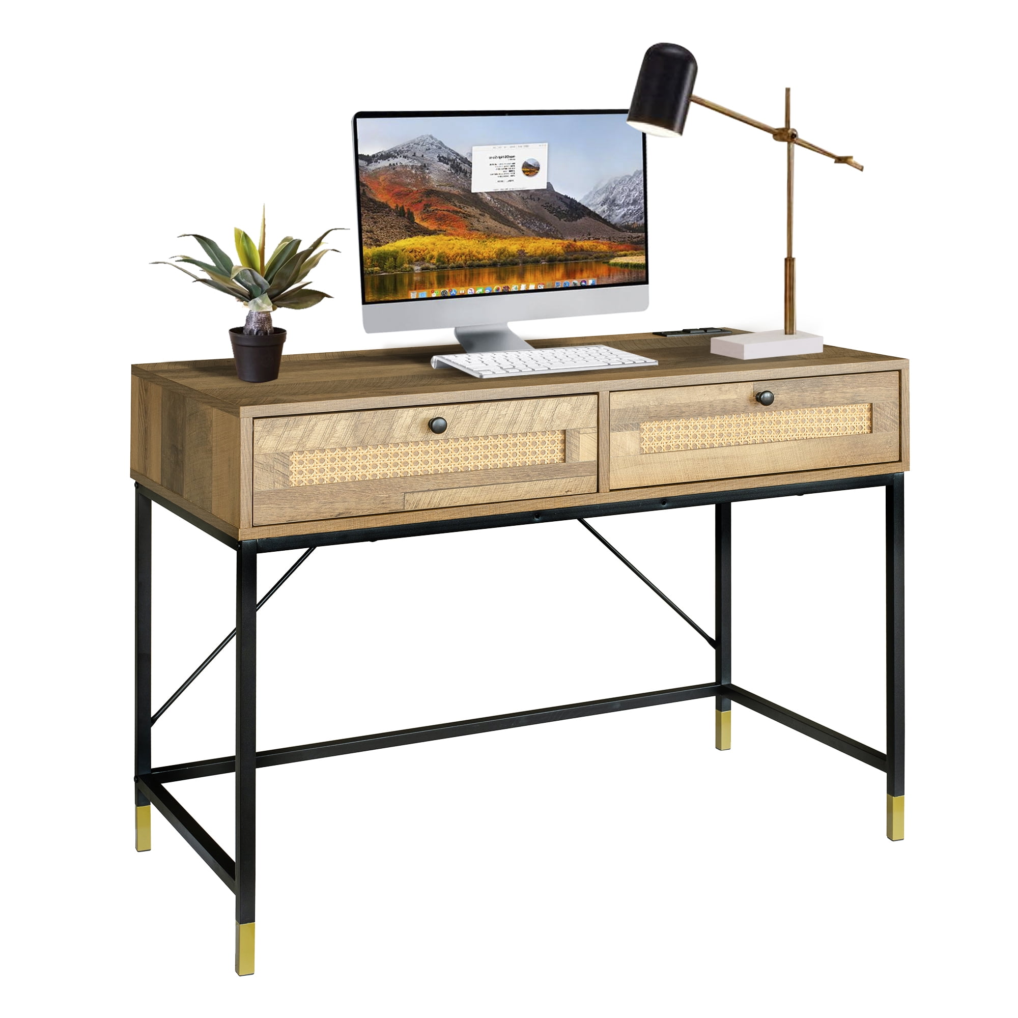 Leejay 40 inch Rattan Writing Desk with USB Port & Power Outlet ...