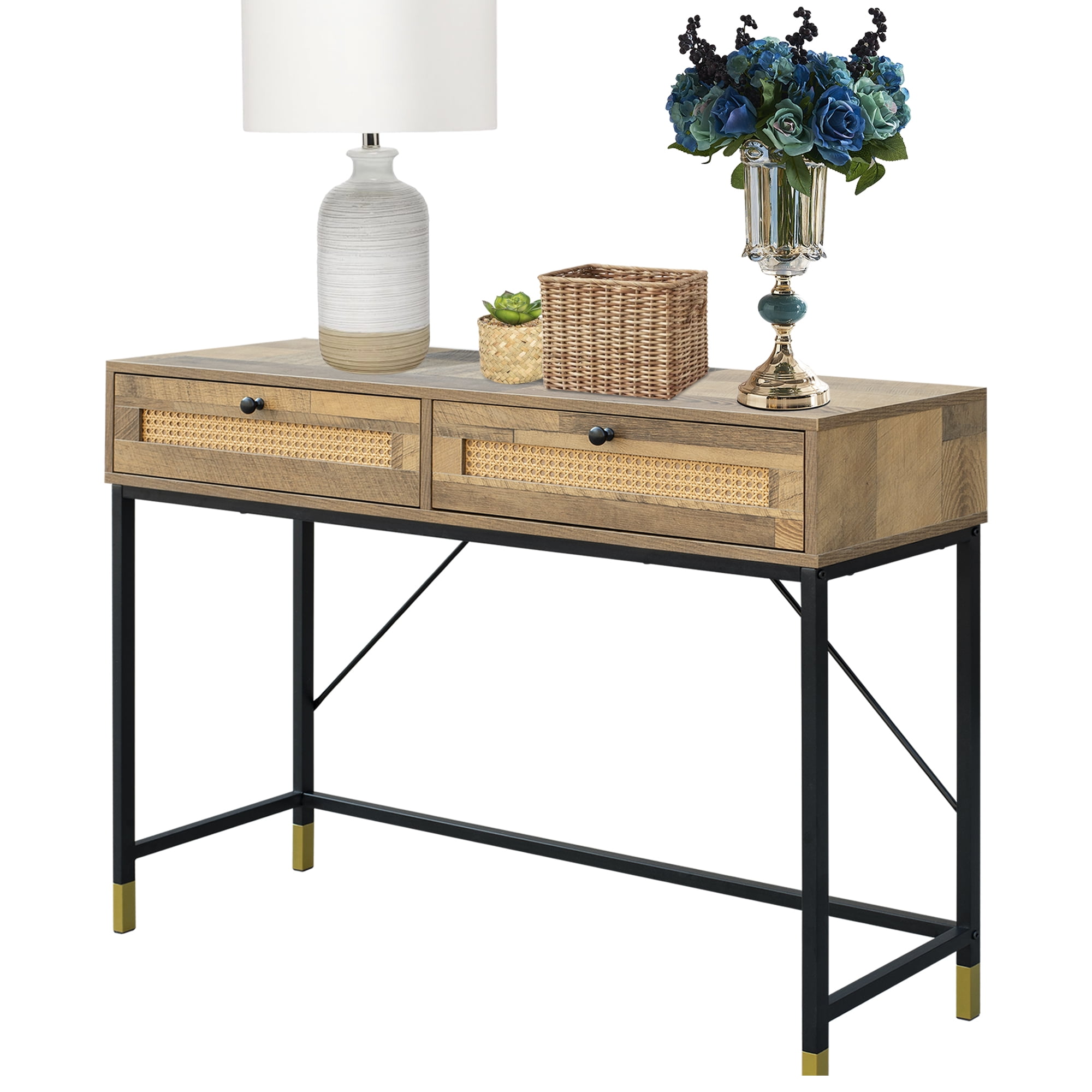 Leejay 44inch Rattan Console Table, 2 Drawer, Black Metal, Entry Sofa ...