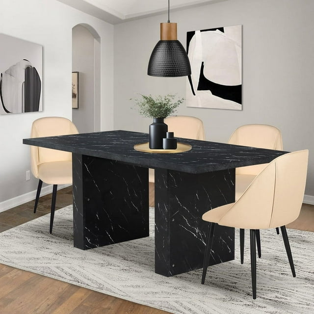 Leejay 5 Piece Kitchen Table Set,Marble Rectangle Dining Table and Beige Faux Leather Dining ...