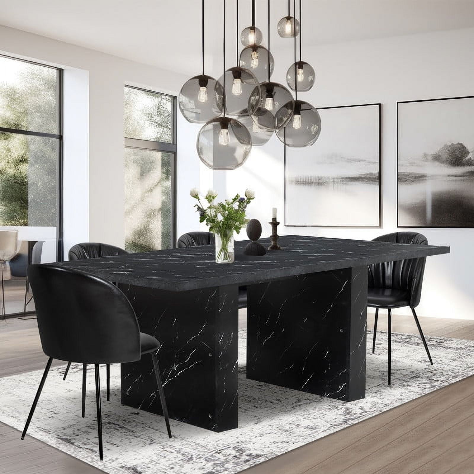 Leejay 5 Piece Kitchen Table Set,Marble Rectangle Dining Table and Black Faux Leather Dining ...