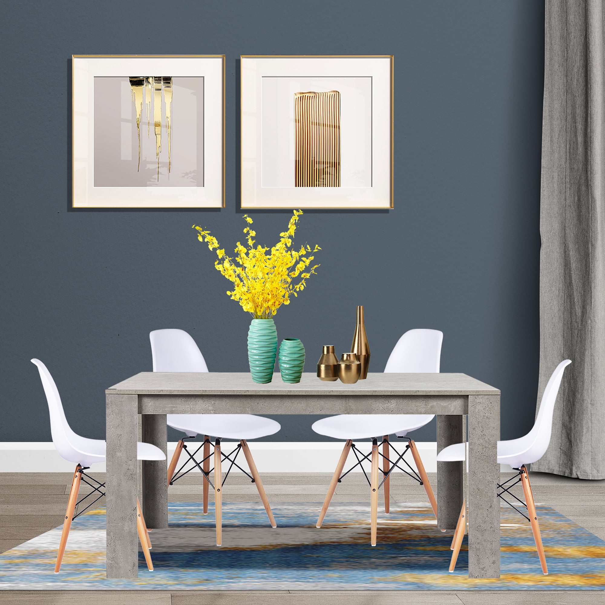 Leejay 5 Pieces Dining Table Set,59 inch Cemented Kitchen Table & 4 Pack White Plastic Dining ...