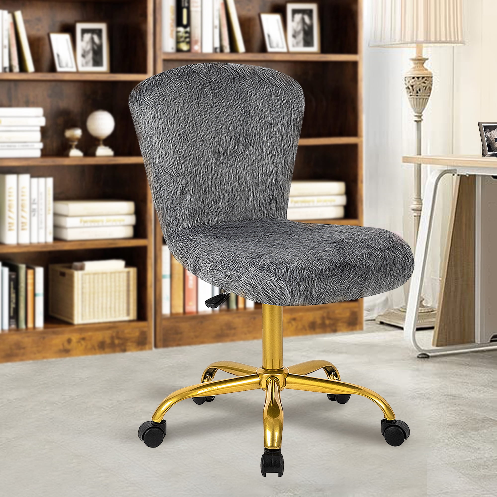 Leejay Faux Fur Swivel Desk Chair with Gold Base for Adults,Armless ...