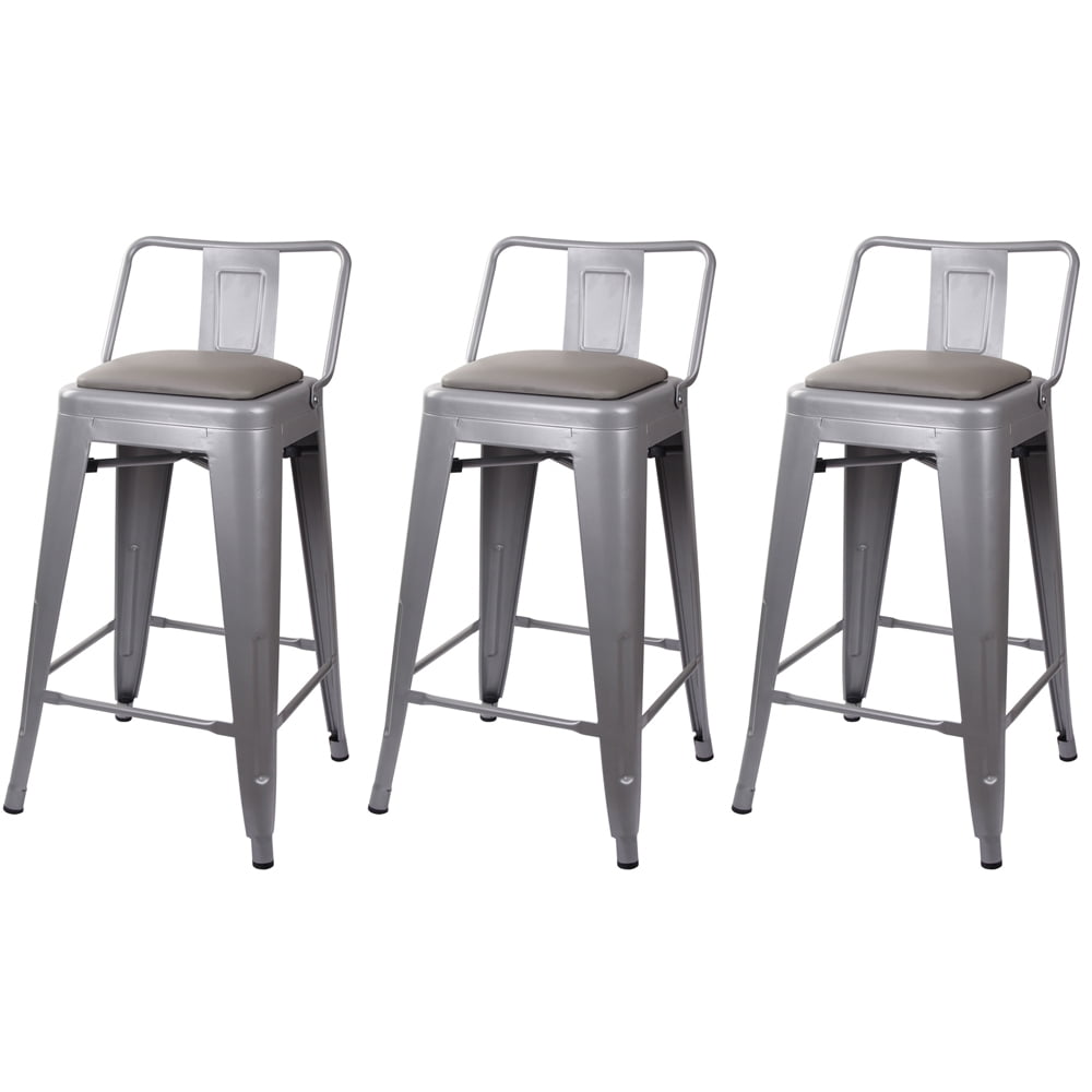 Leejay Gray 24 inch Low Back Counter Height Metal Barstool with Gray Vegan Leather Seat, Set of ...