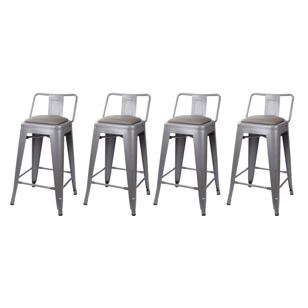 Leejay Gray 24 inch Low Back Counter Height Metal Barstool with Gray Vegan Leather Seat, Set of ...