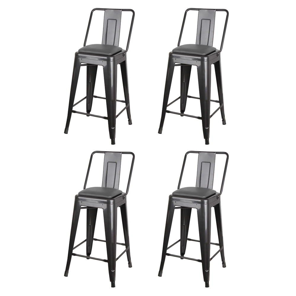 Leejay Gungray 24 inch High Back Metal Barstools with Gray Vegan Leather Seat, Set of 4 ...