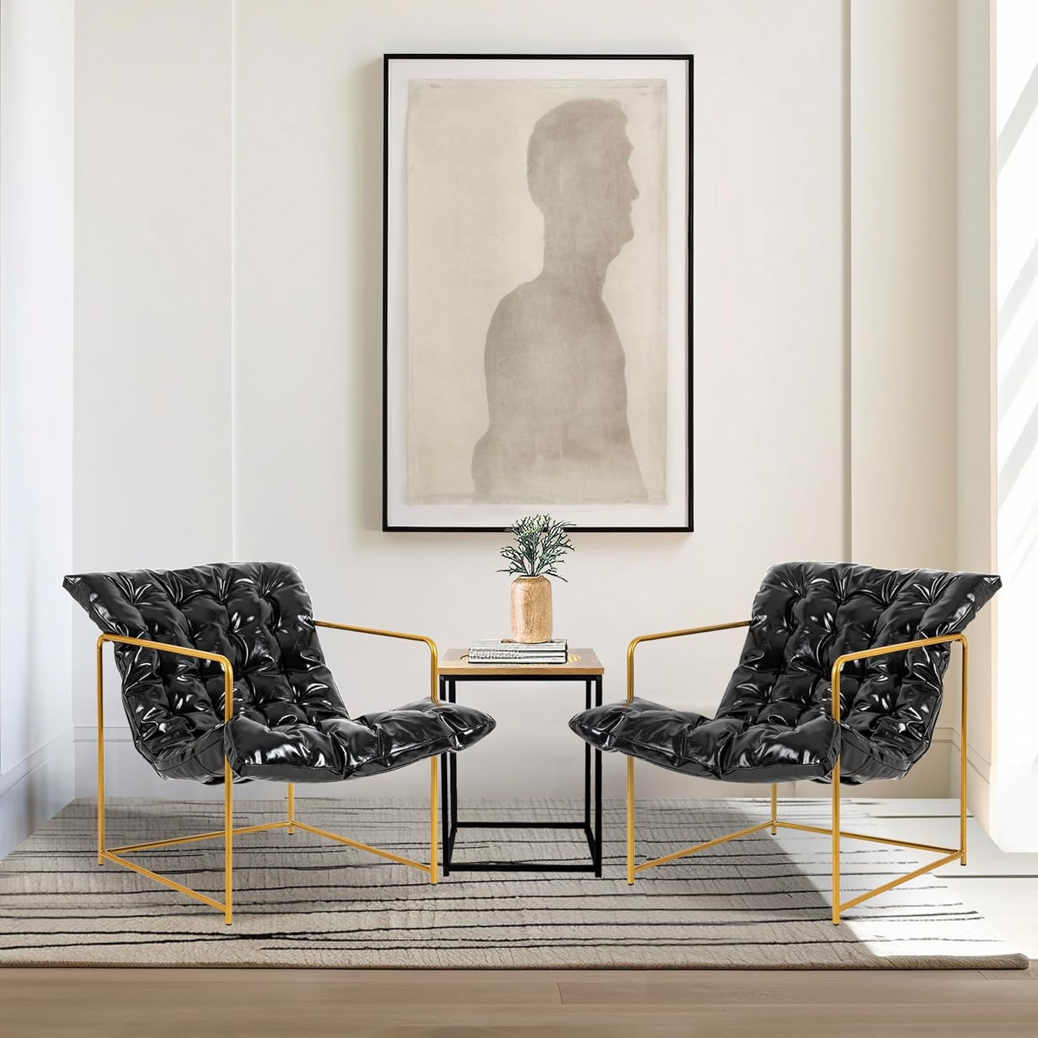 Leejay Modern Black Faux Leather Sling Accent Chair Set of 2 and Rattan ...