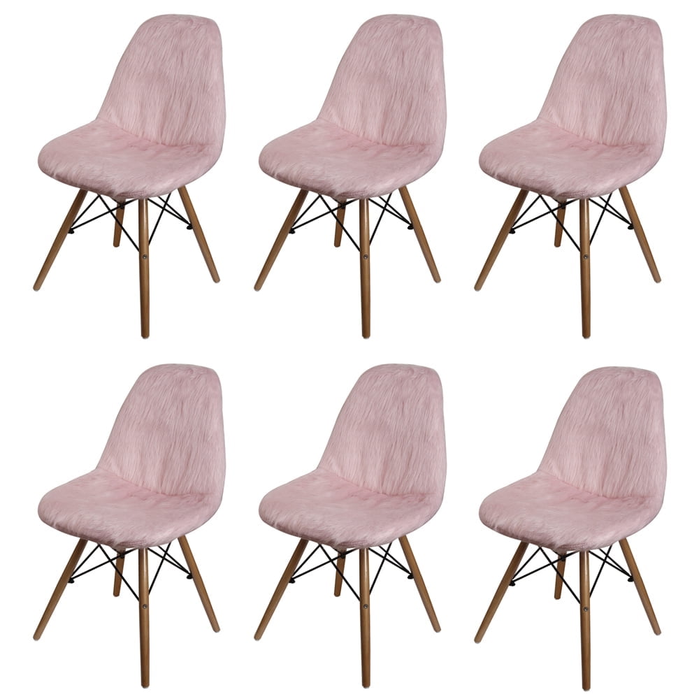 Leejay Pink Armless Faux Fur Fuzzy Dining Chairs with Wood Legs，Set of ...