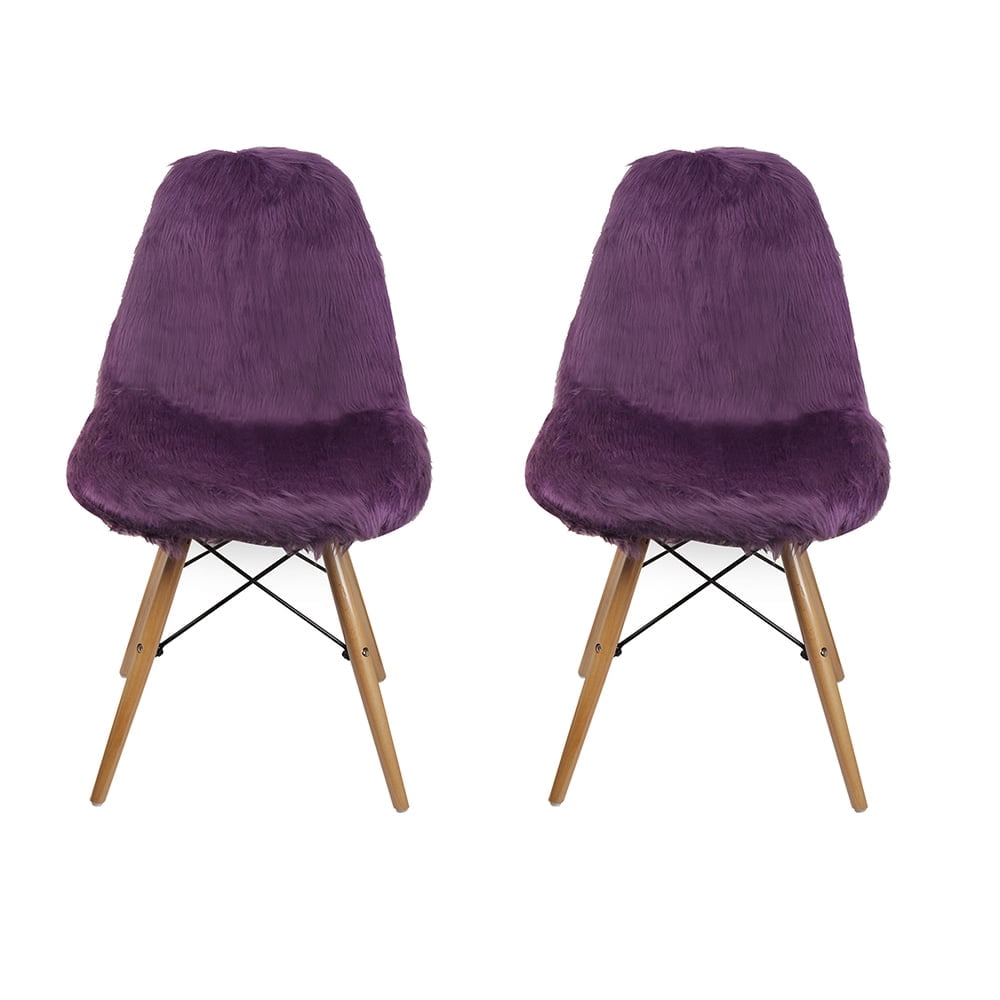 Leejay Purple Armless Faux Fur Fuzzy Dining Chairs with Wood Legs，Set ...