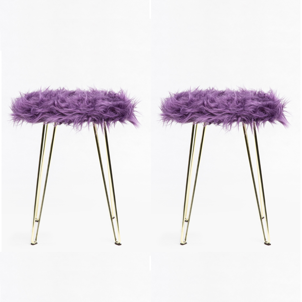 Leejay Purple Round Faux Fur Vanity Stool with Gold Legs for Makeup ...