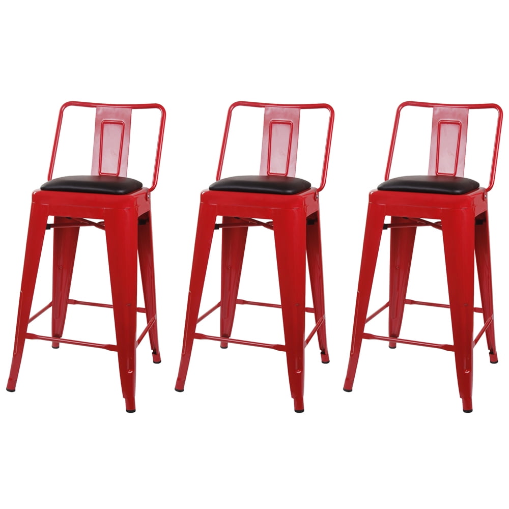 Leejay Red 24 inch High Back Metal Barstool with Vegan Leather Seat,Set of 3 - Walmart.com