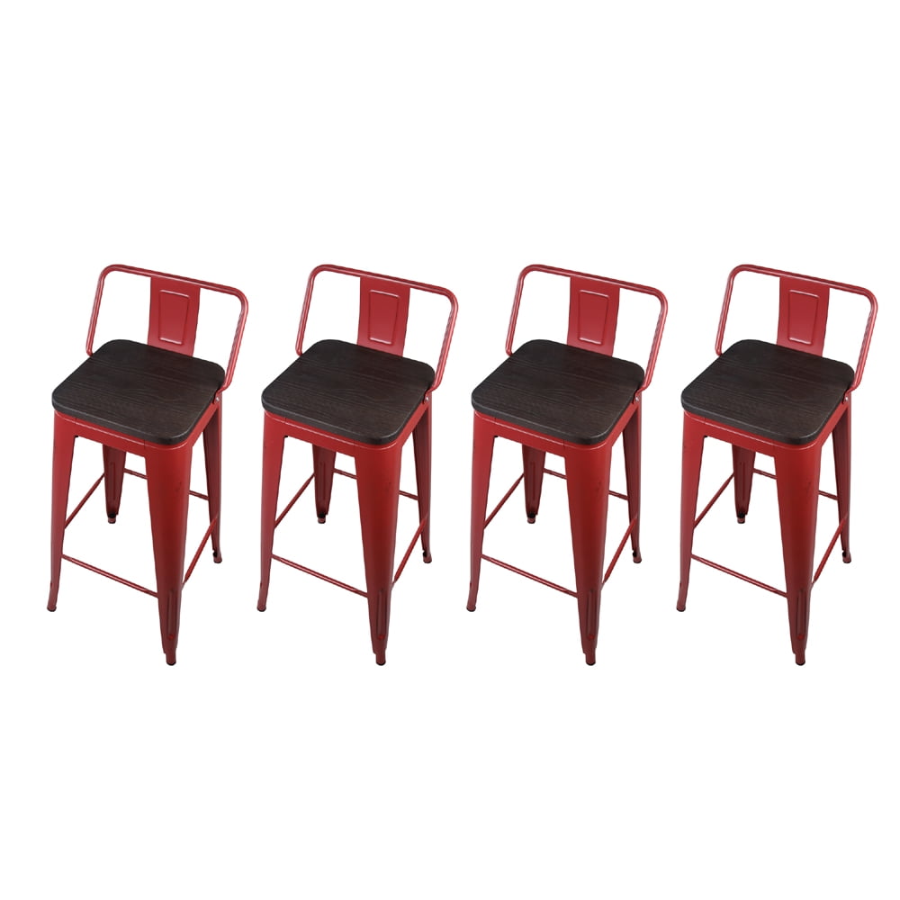 Leejay Red 30 inch Low Back Counter Height Metal Barstools with Wood Seat, Set of 4 - Walmart.com