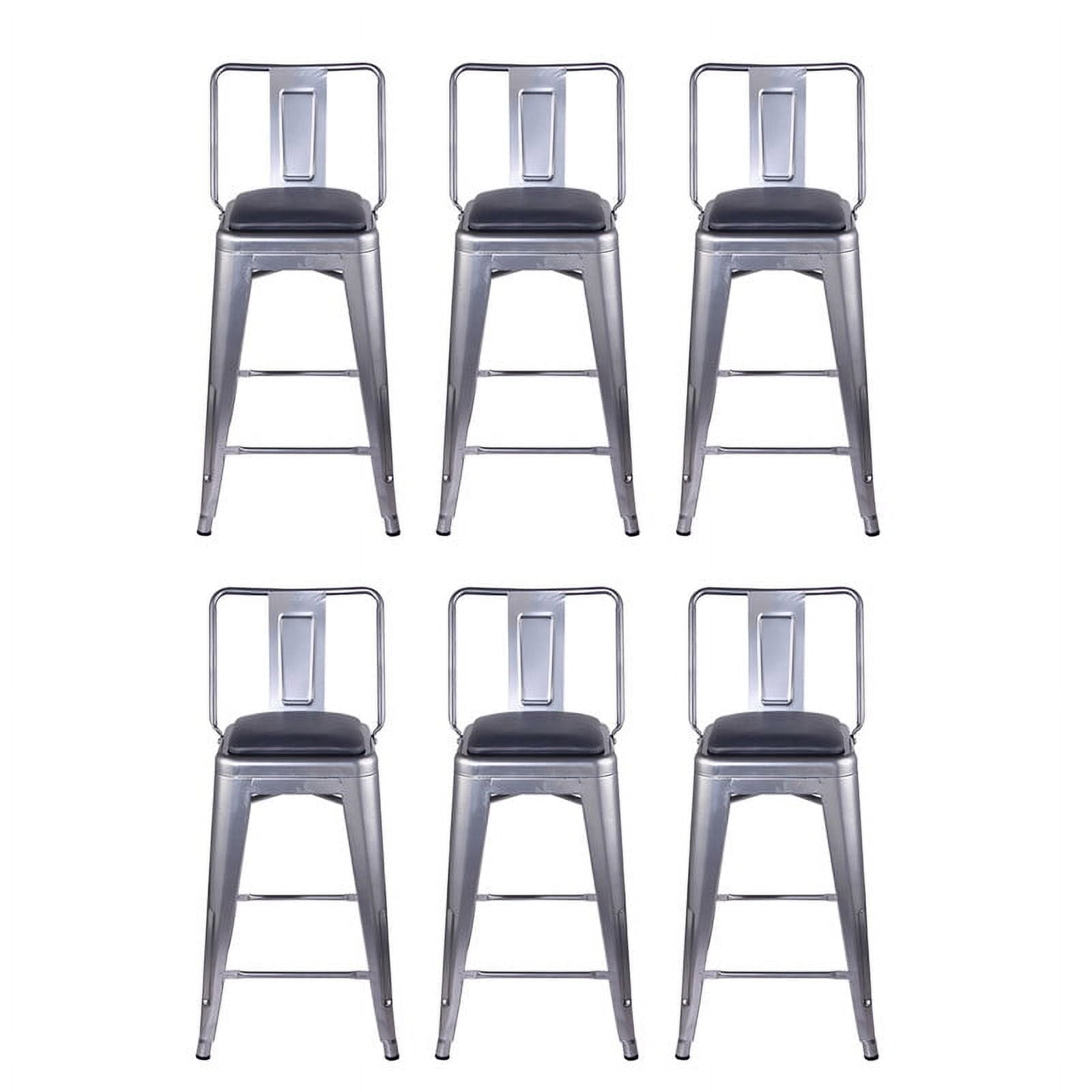 Leejay Silver 24 inch High Back Counter Height Metal Barstool with Vegan Leather Seat,Set of 6 ...
