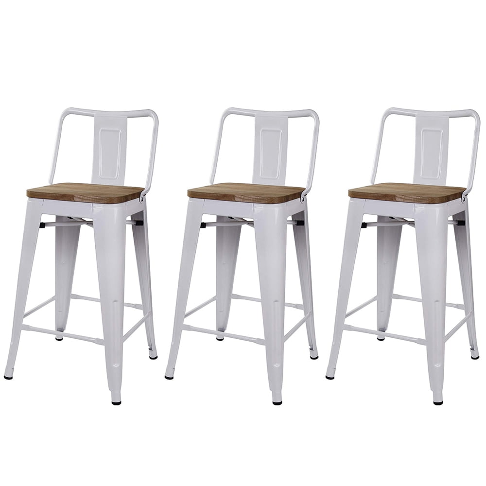 Leejay 24 inch White Metal Bar Stools with Wood Seat, High Back ...